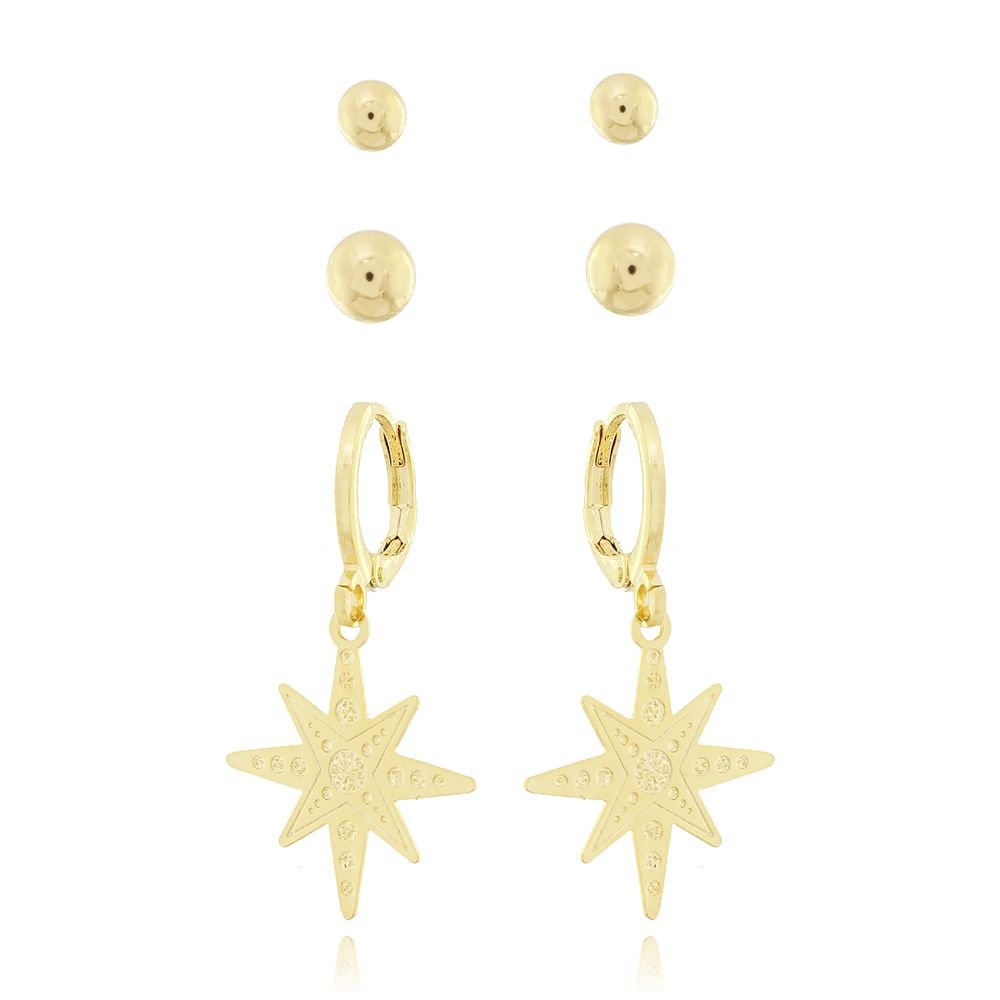 Luiza Semijoias | Loja On-line - TRIO-451-DO TRIO DE BRINCOS DE BOLINHAS E ARGOLINHA ESTRELA